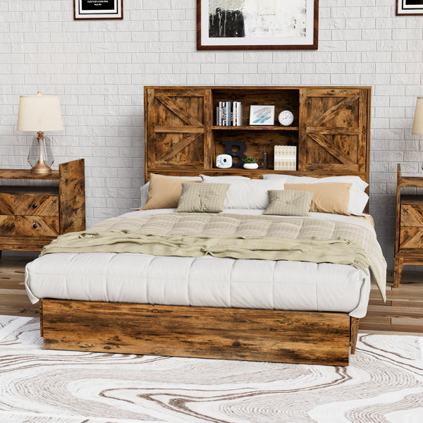 Millwood Pines Athie Bed Frame with Sliding Barn Door Bookcase Headboard & 4 Storage Drawers ...